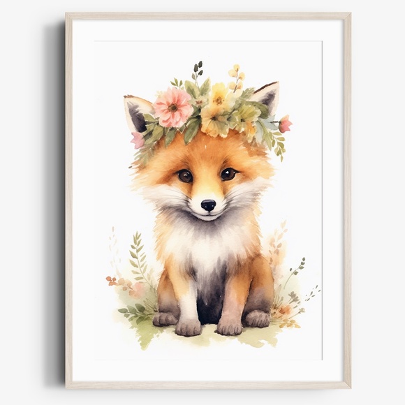 Art | Watercolor Floral Baby Fox Portrait Wall Art Illustration Print ...